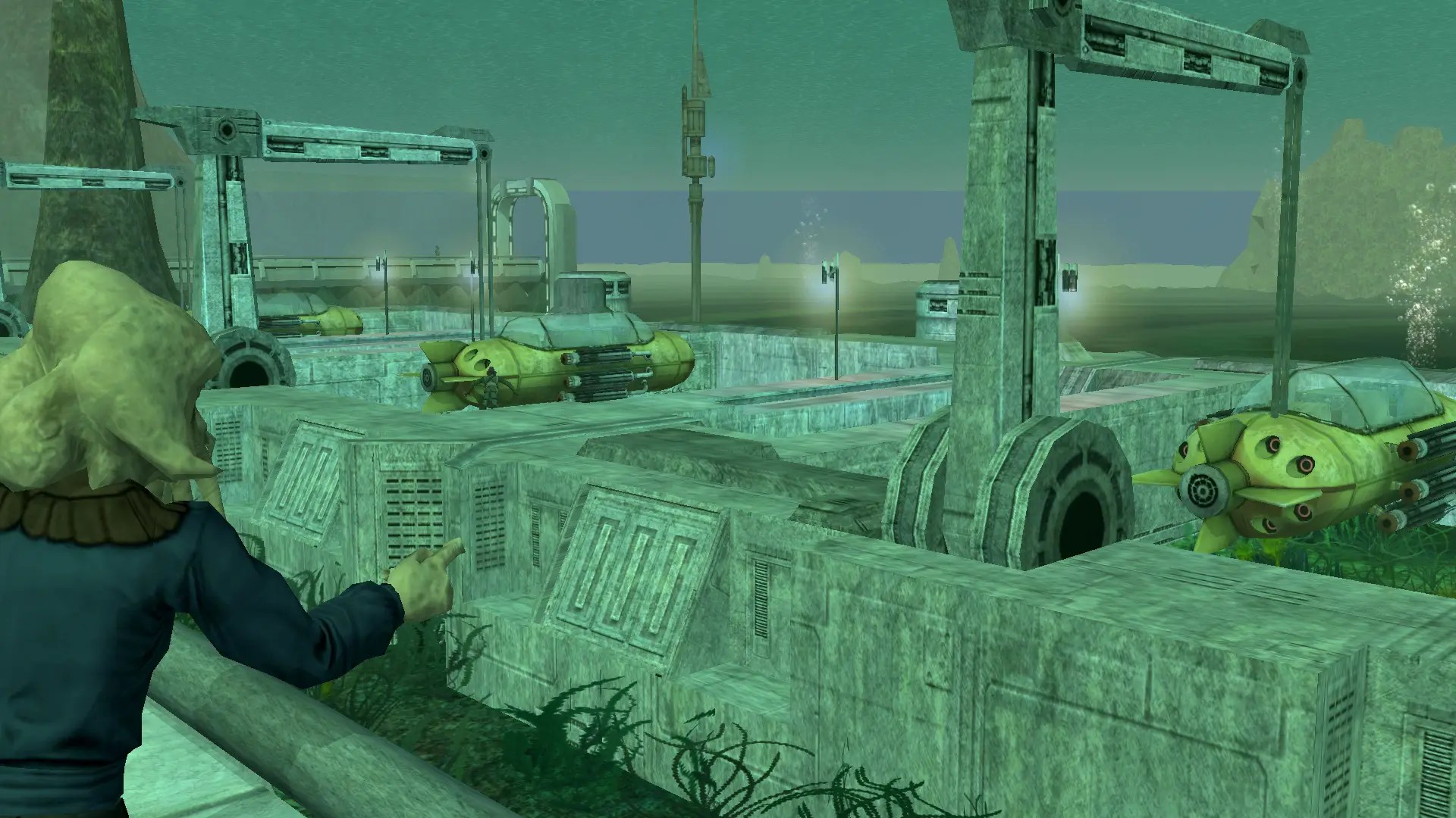 A Quarren NPC points at a shipyard on Mon Calamari on Star Wars ...